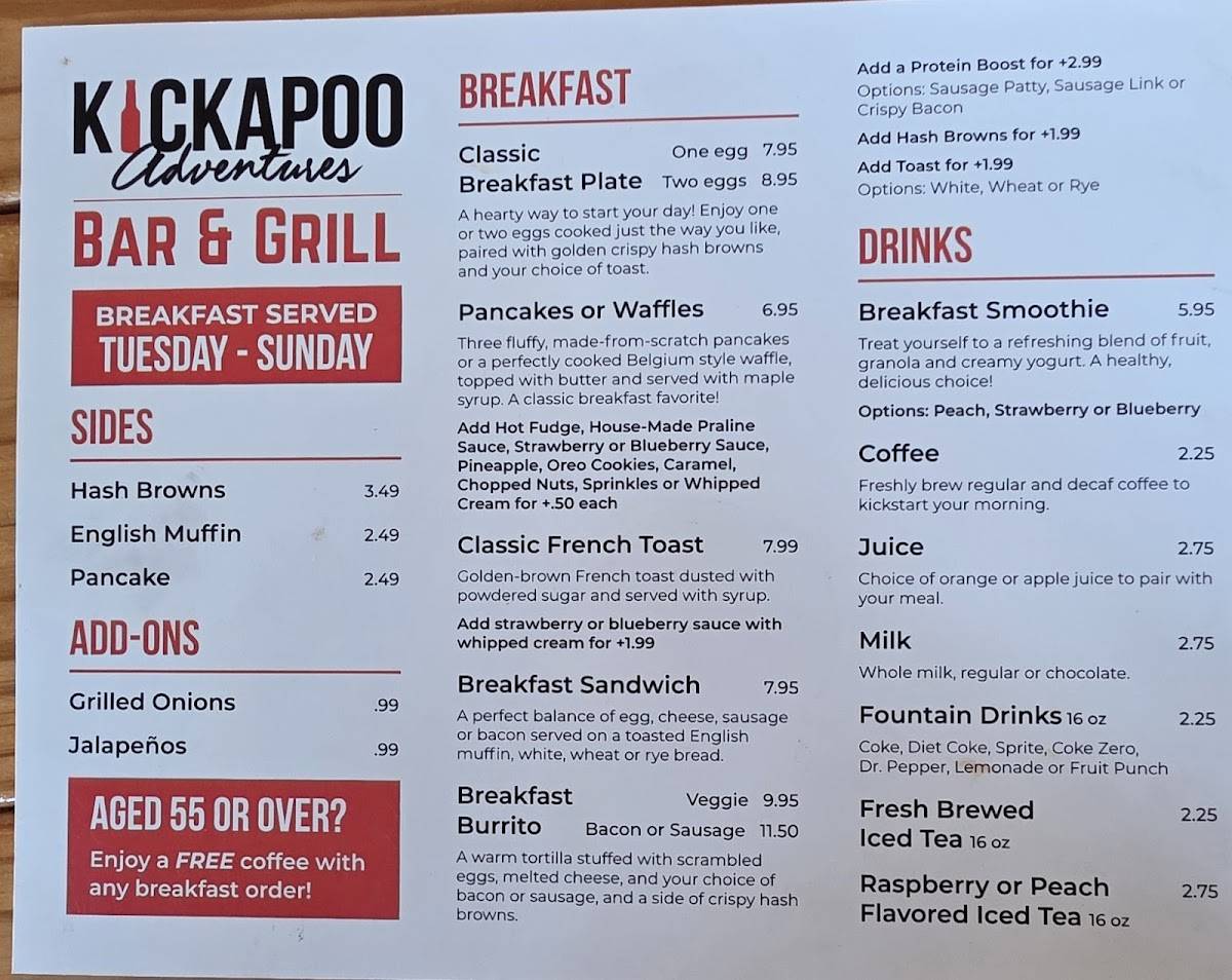 Menu at Park Bistro at Kickapoo State Park restaurant, Oakwood
