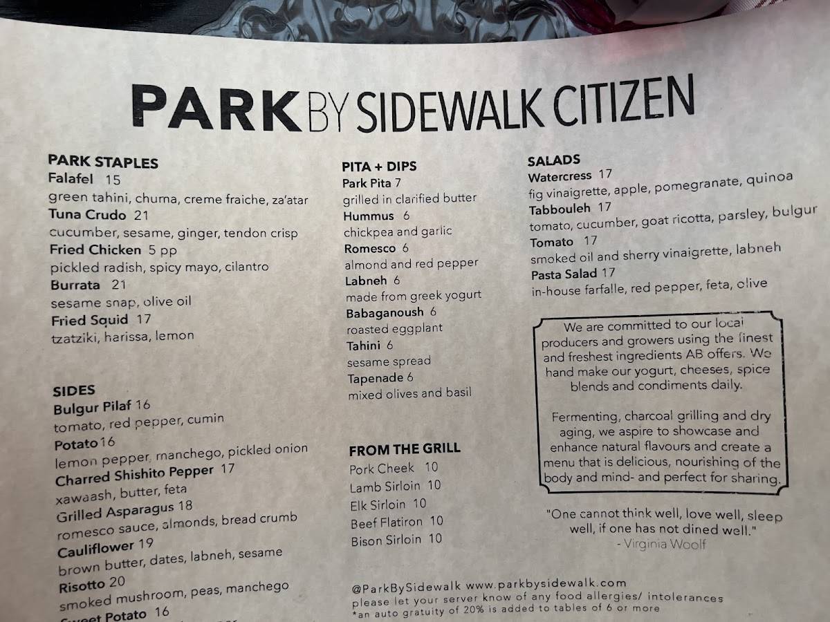 Menu at Park By Sidewalk Citizen pub & bar, Calgary, 340 13 Ave SW