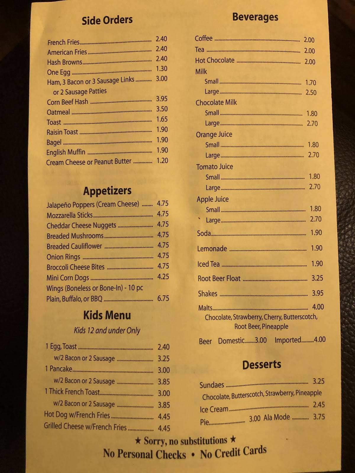 Menu at Park Inn restaurant, Racine