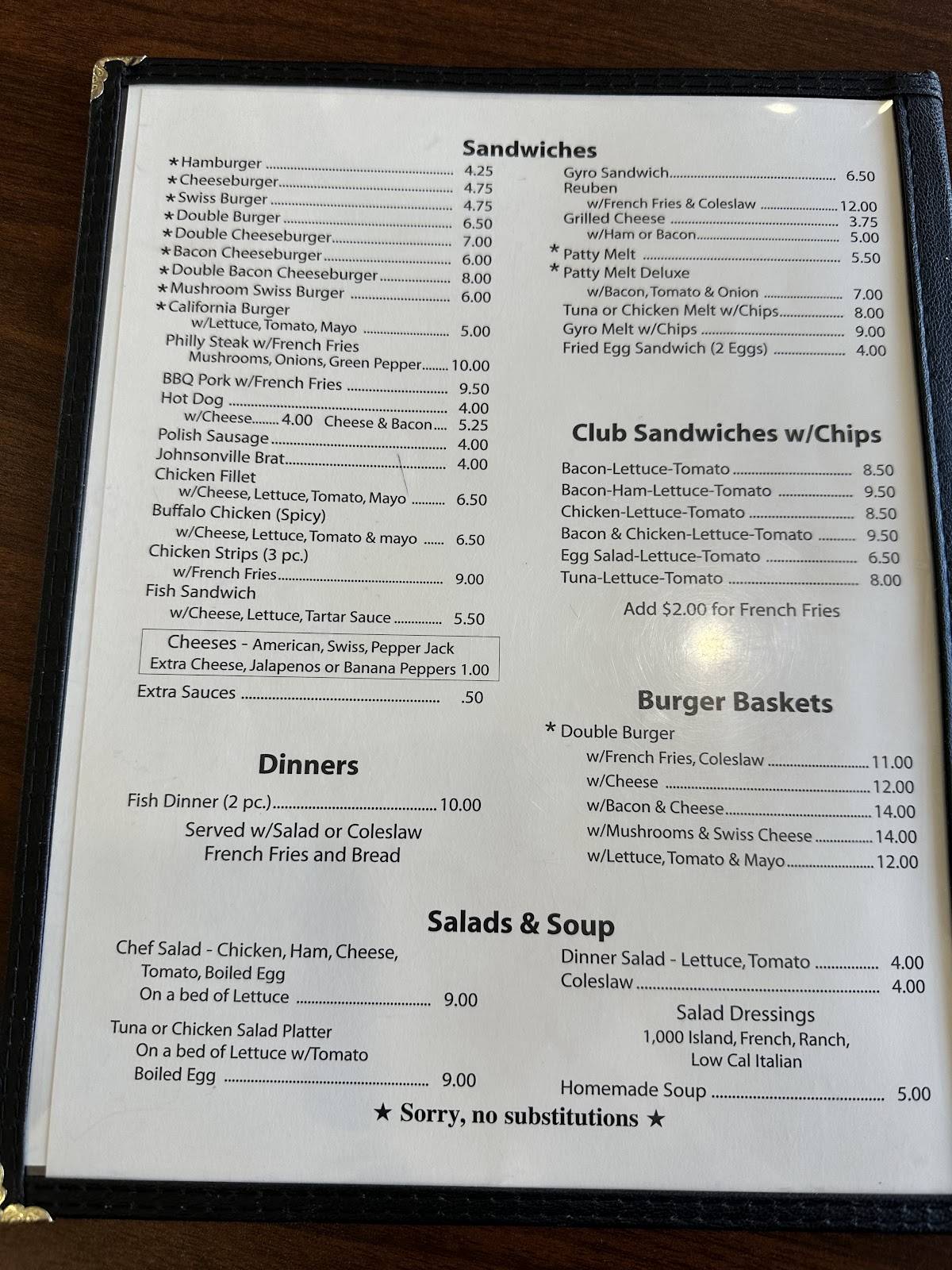 Menu at Park Inn restaurant, Racine