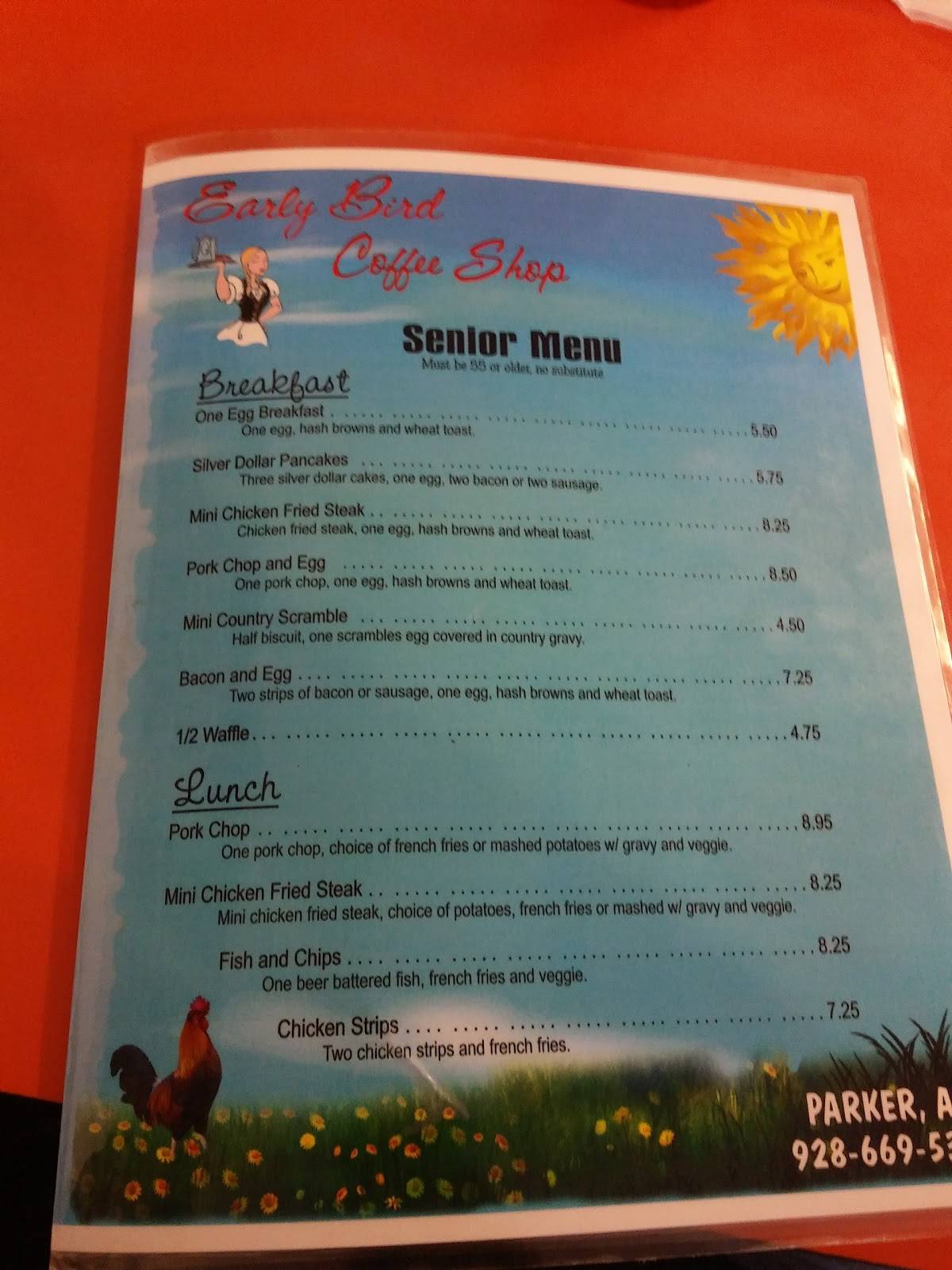 Menu at Early Bird Coffee Shop cafe, Parker