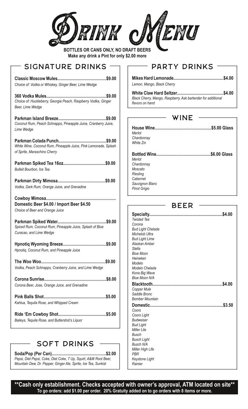 Menu at Parkman Bar & Grill, Parkman