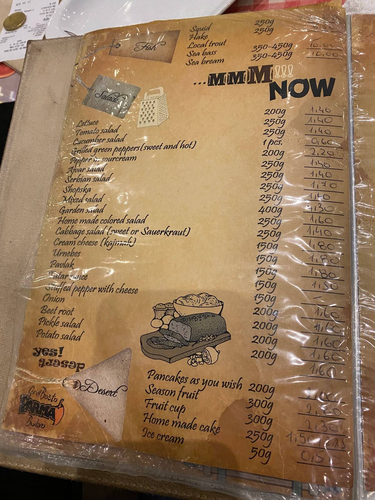 Menu at Parma restaurant, Budva, 7RVV+PJR