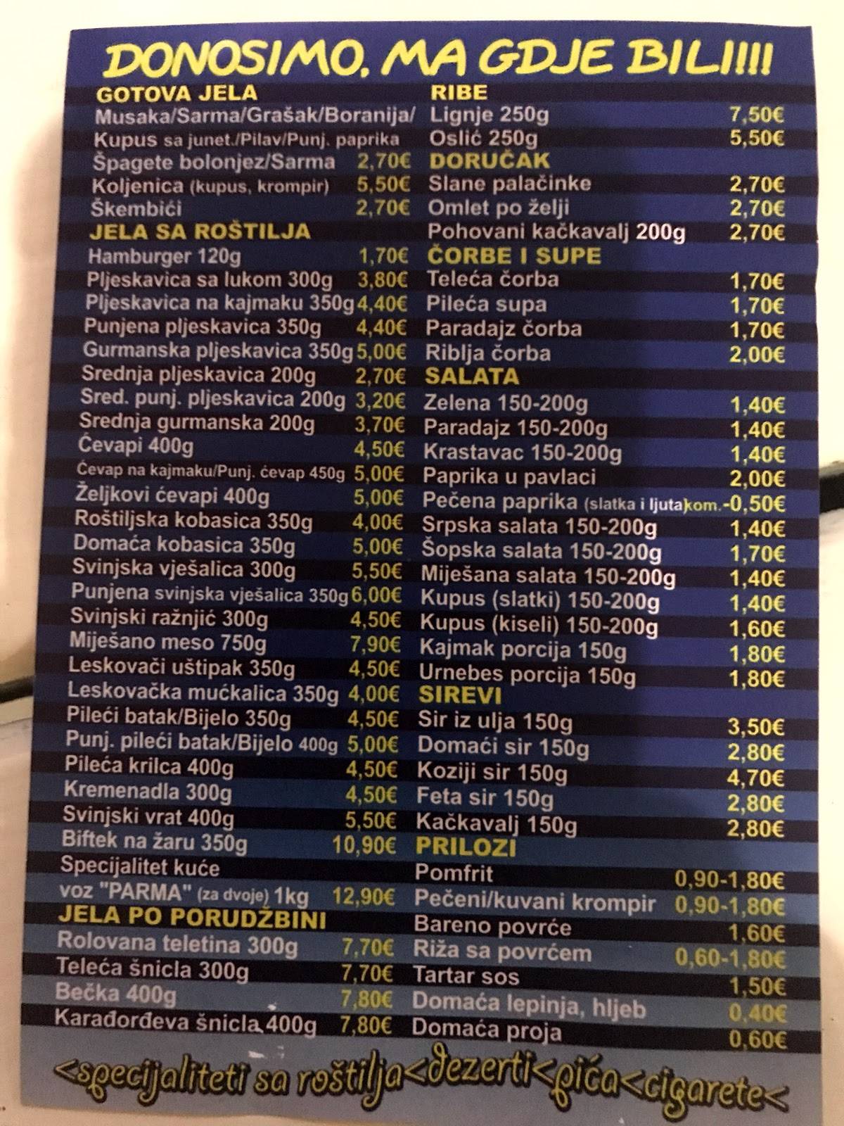 Menu at Parma restaurant, Budva, 7RVV+PJR