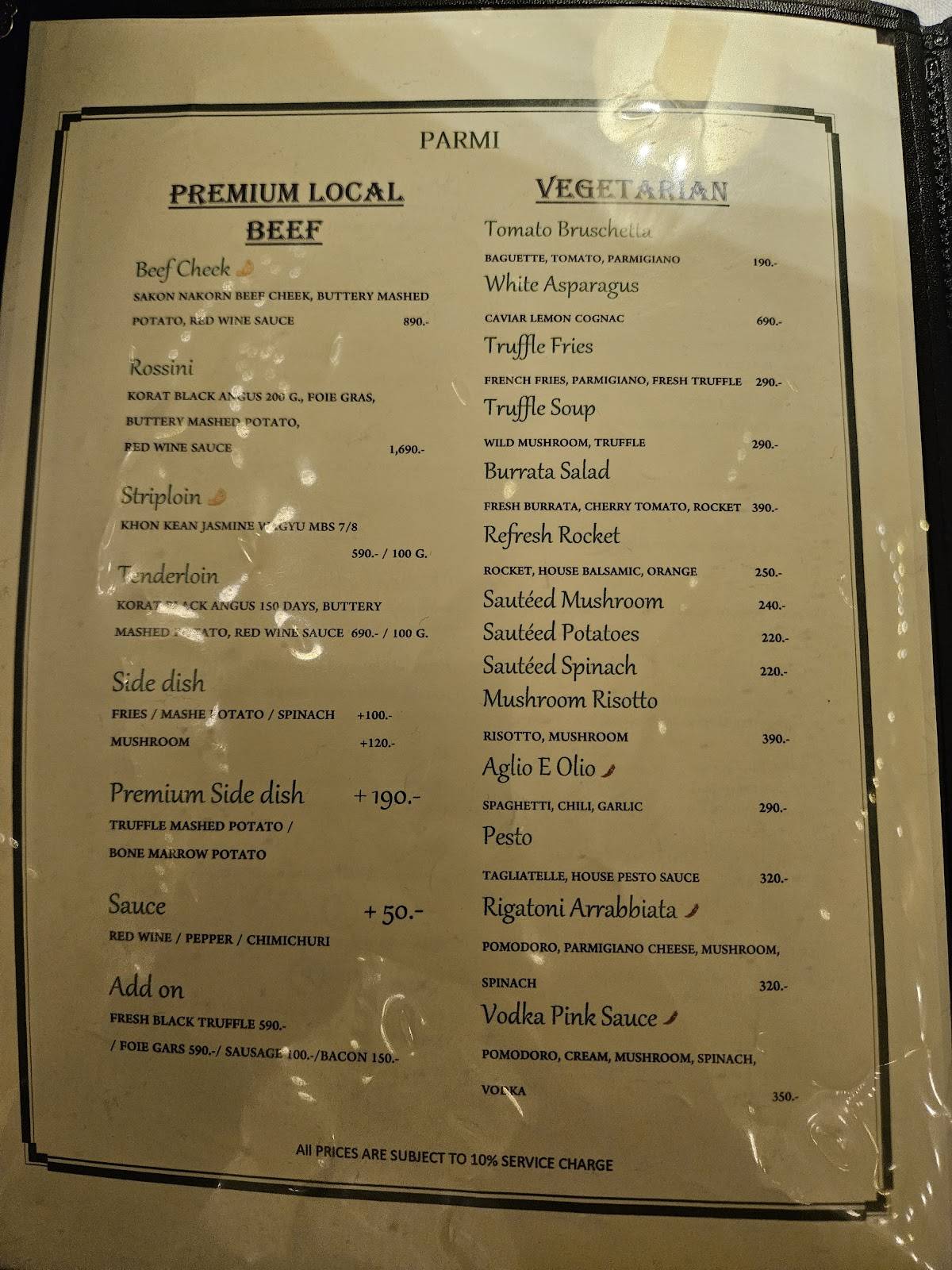 Menu at Parmi.bkk restaurant, Bangkok