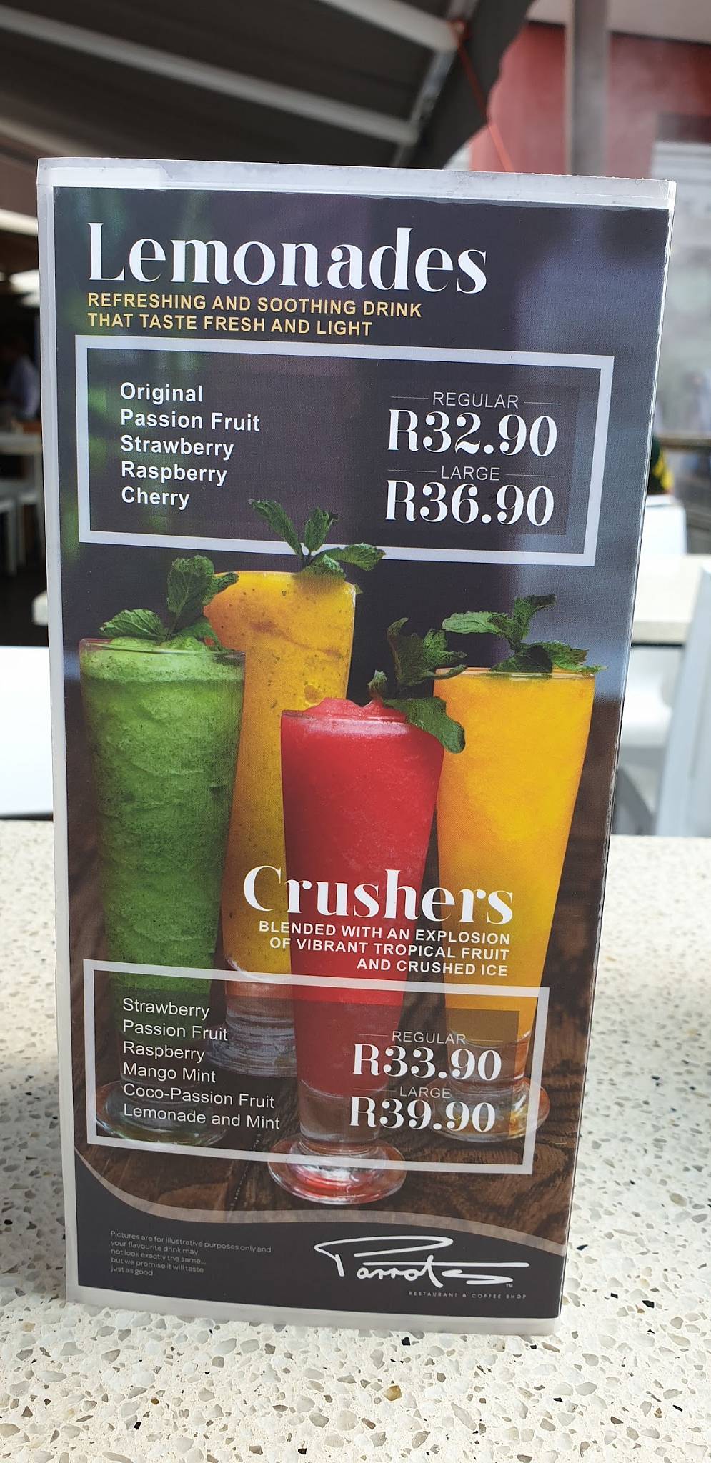 Menu at Parrots restaurant, Pretoria, Kolonnade Mall
