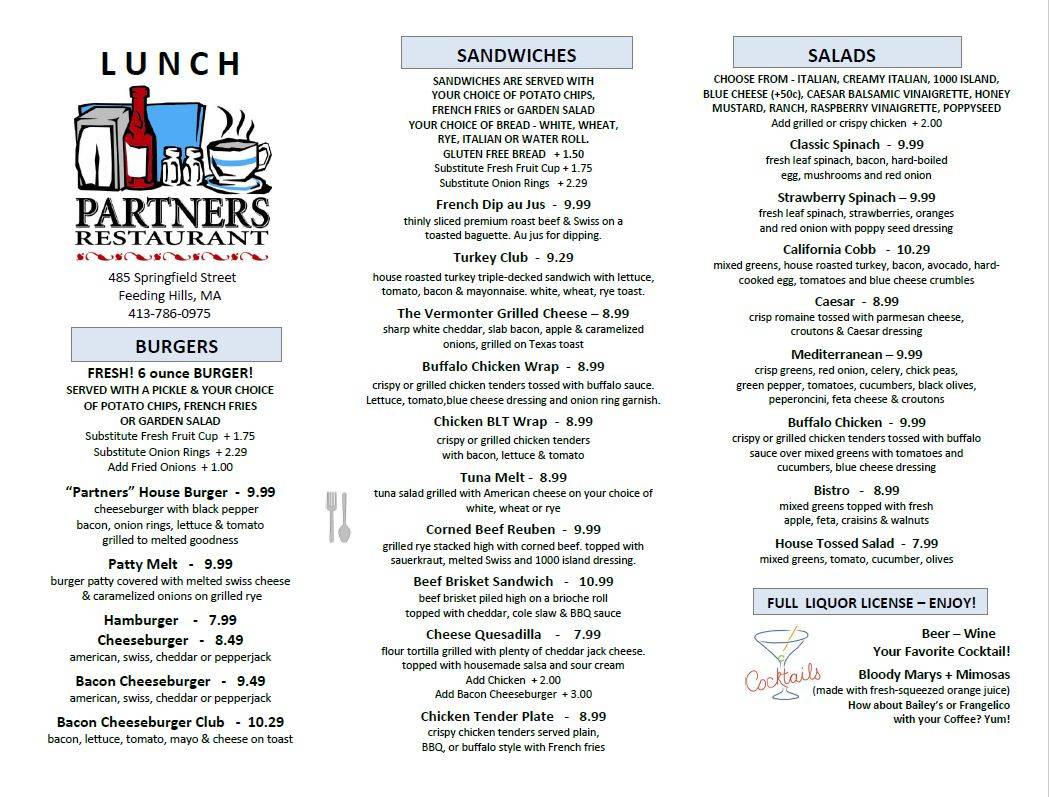 Menu at Partners Restaurant & Catering, Agawam