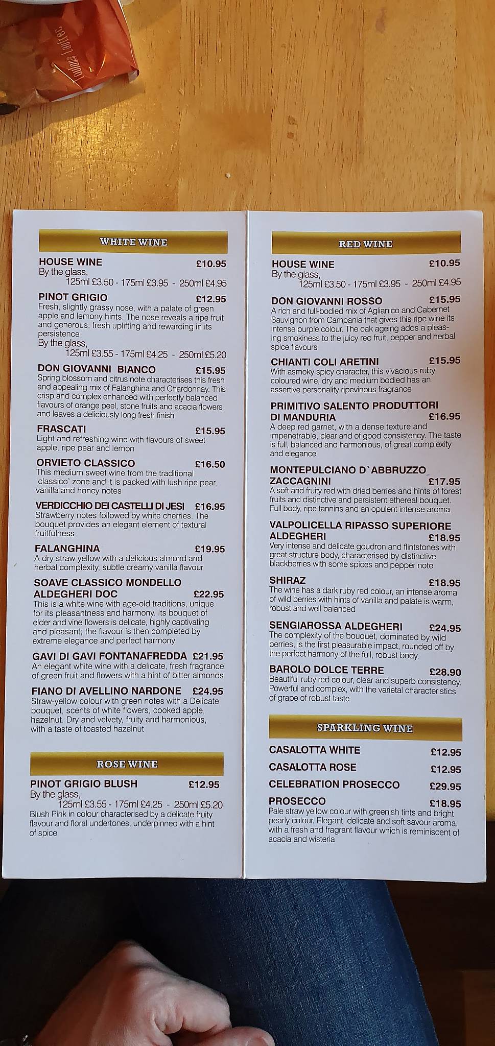 Menu at Pasco's Italian restaurant, Cottingham