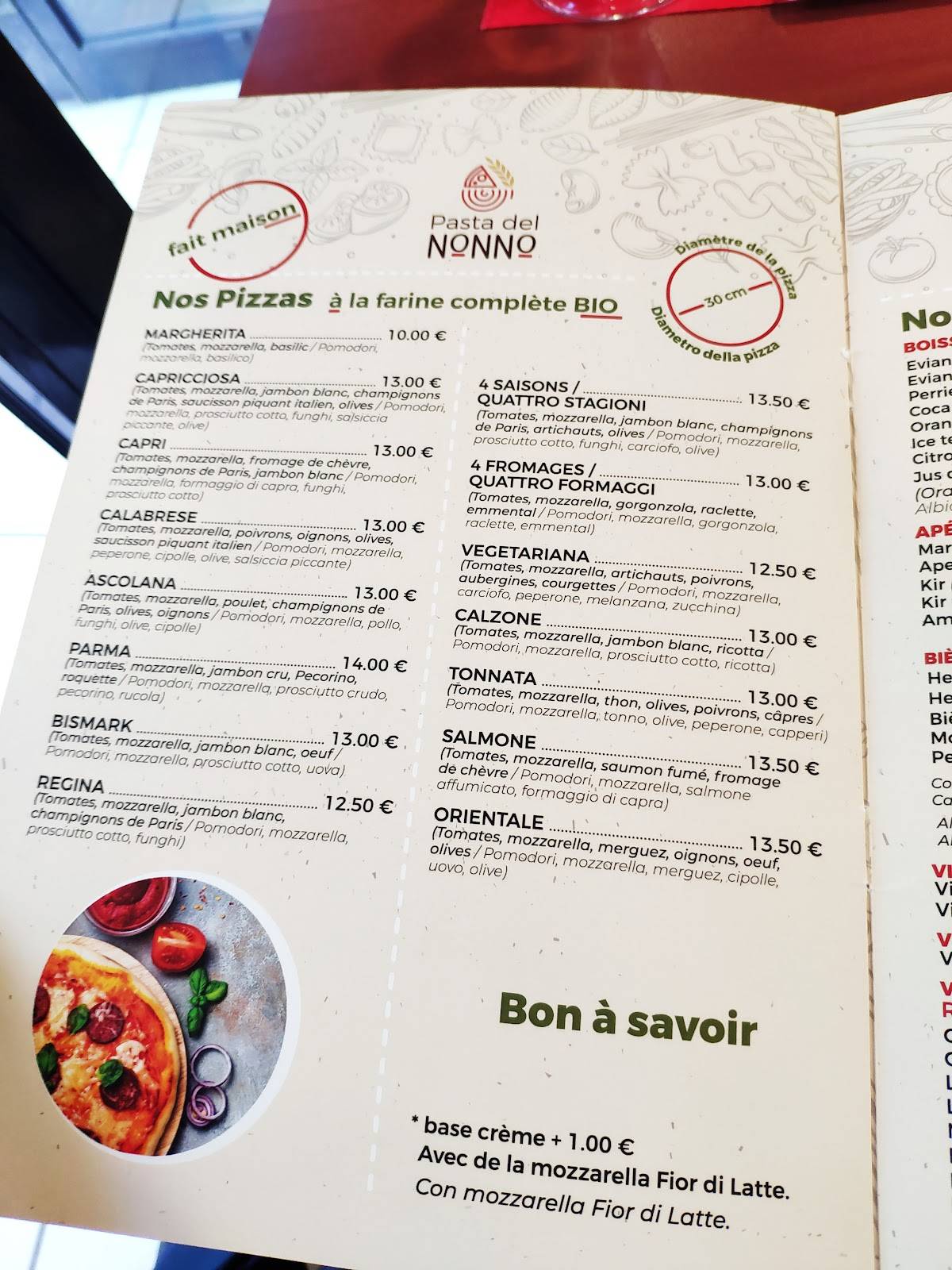 Menu au Pasta Del Nonno restaurant, Paris