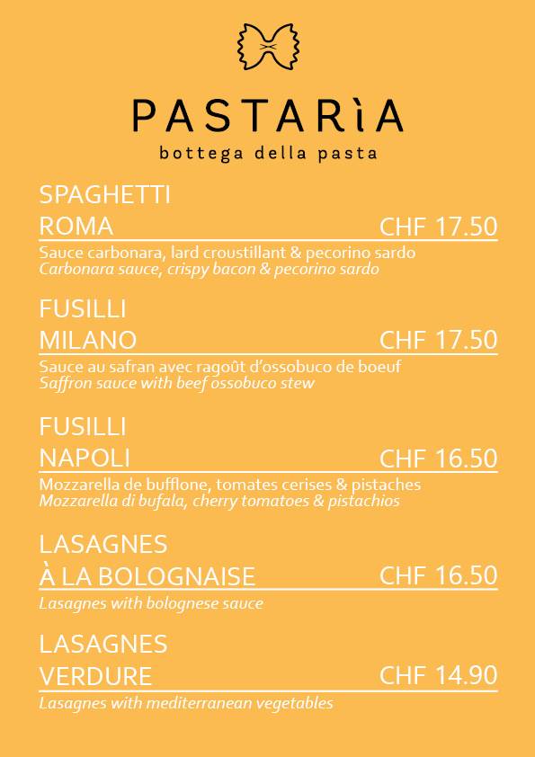 Menu da Pastaria, Ginevra