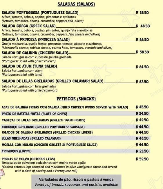 Menu at Pastelaria Princesa Kensington restaurant, Johannesburg