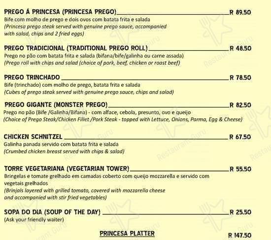 Menu at Pastelaria Princesa Kensington restaurant, Johannesburg