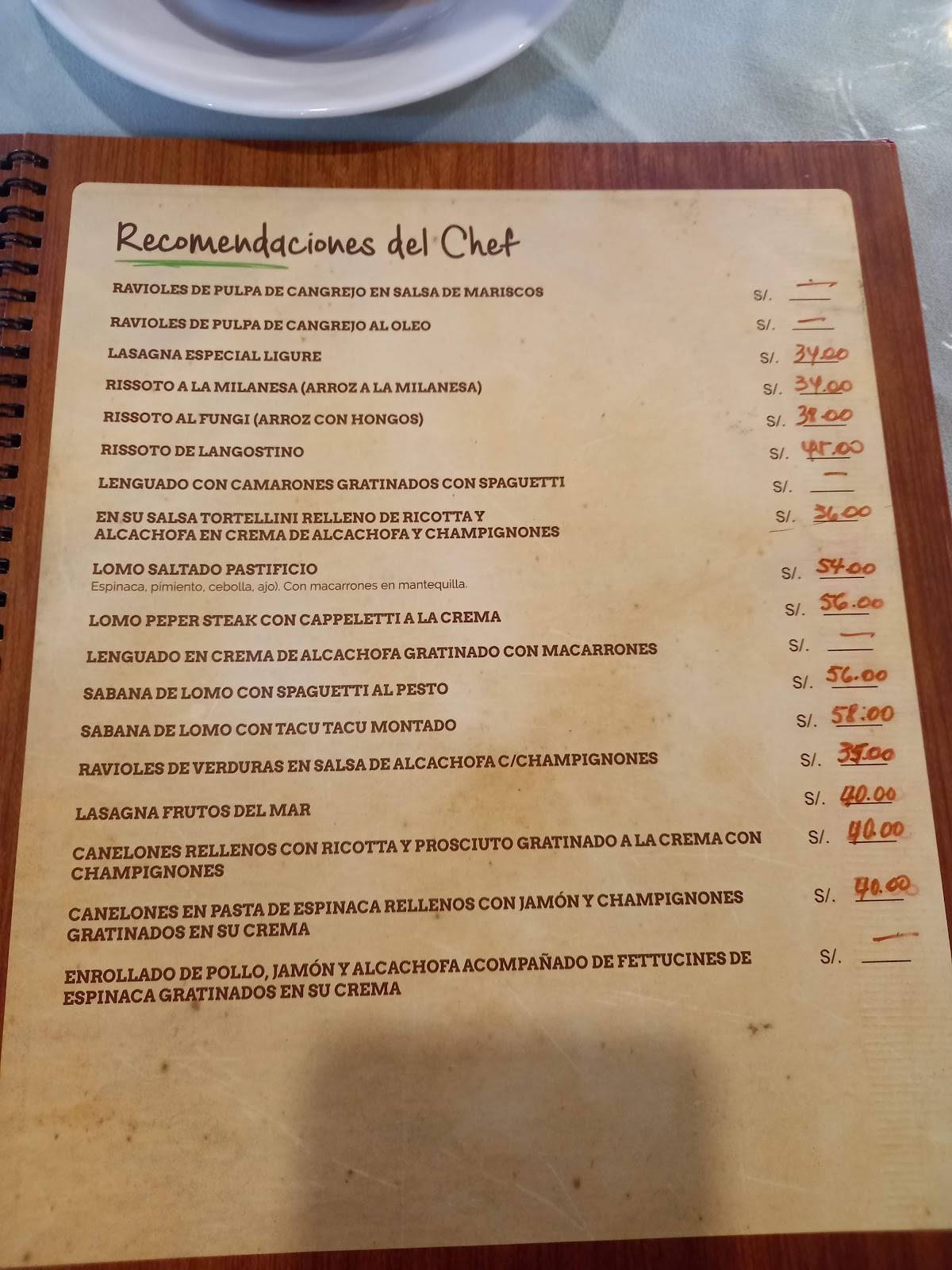 Carta del restaurante Pastificio Ligure, Lince, Jose Lean N° 1185