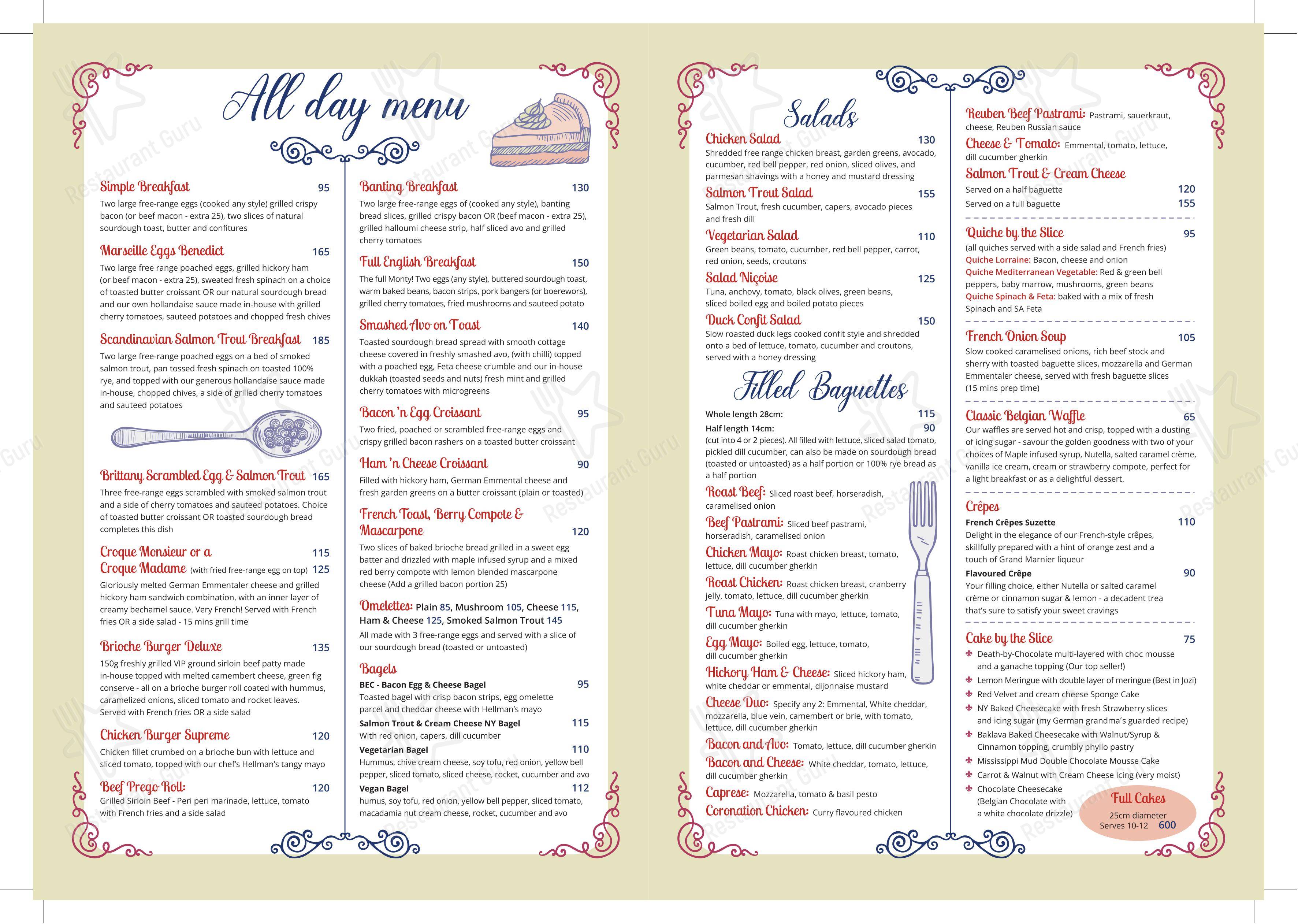 Menu at Patisserie de Paris cafe, Johannesburg, 9 Mackay Ave