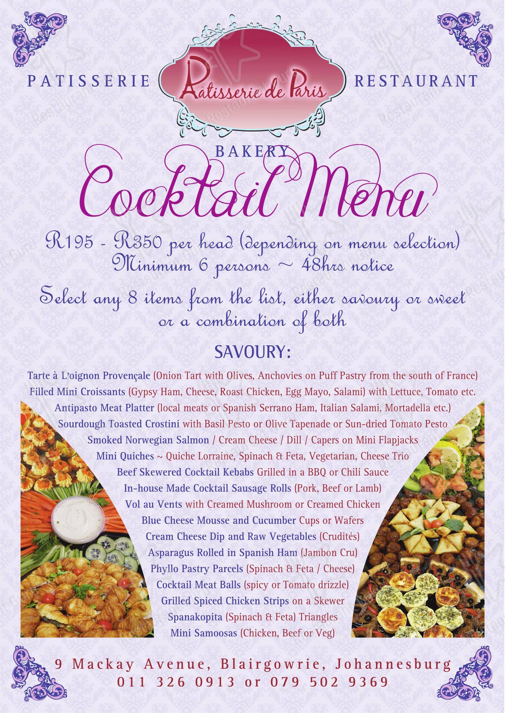 Menu at Patisserie de Paris cafe, Johannesburg, 9 Mackay Ave