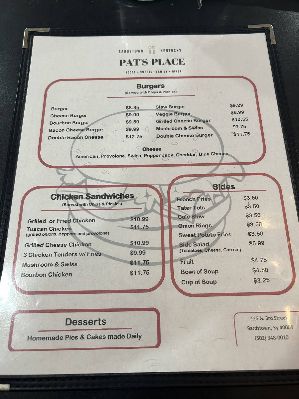 Menu at Pat's Place restaurant, Bardstown