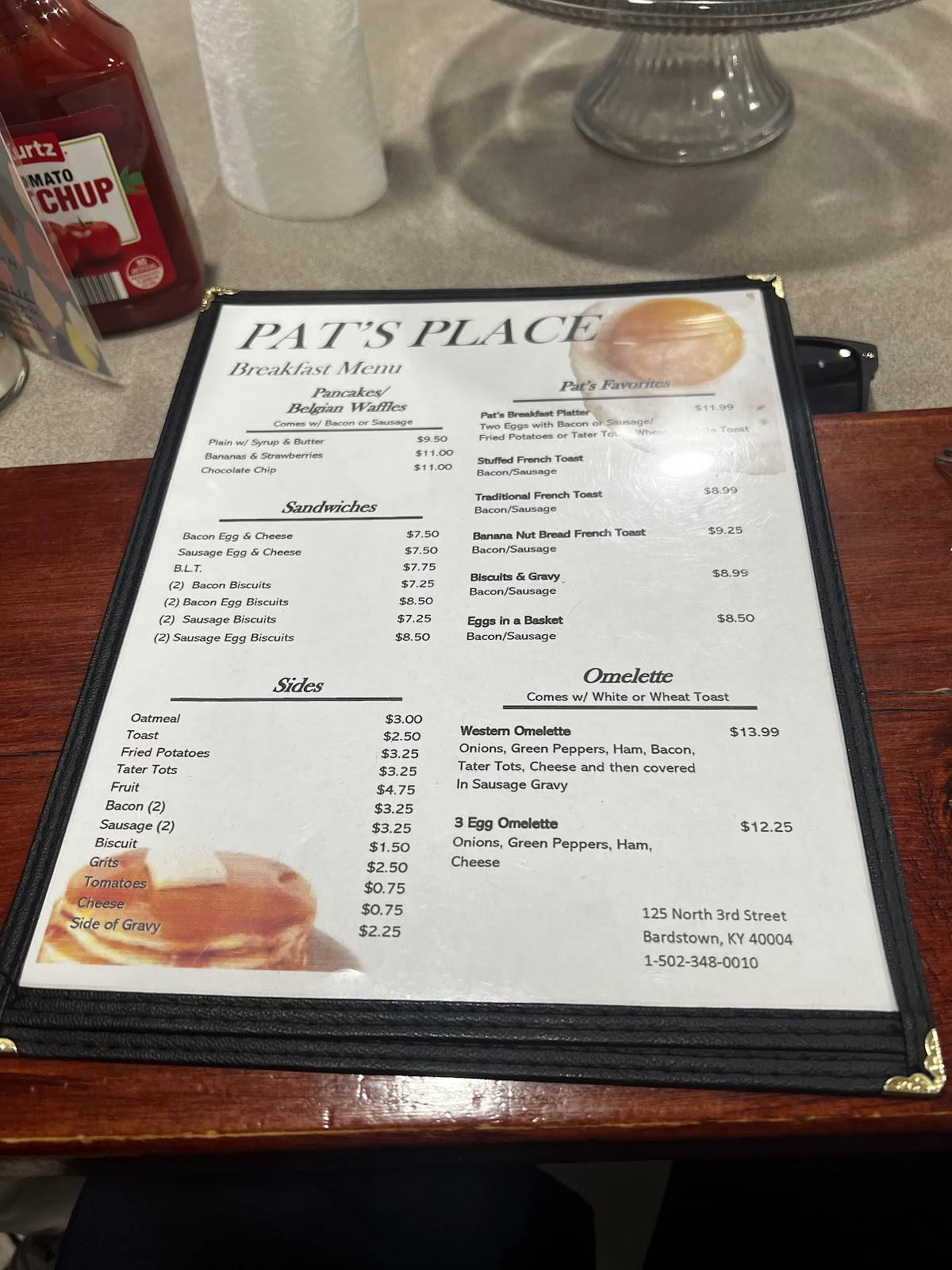 Menu at Pat's Place restaurant, Bardstown