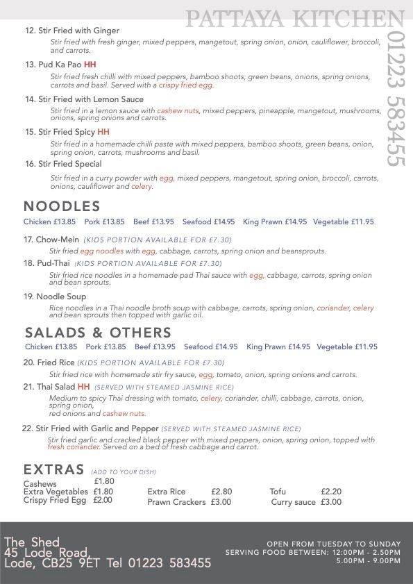 Menu at Pattaya Kitchen at The Shed pub & bar, Lode