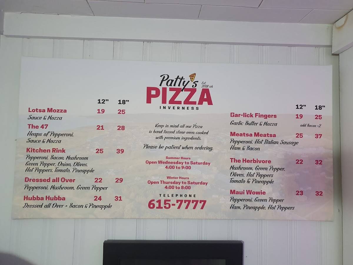 Menu at Patty's Pizza restaurant, Inverness