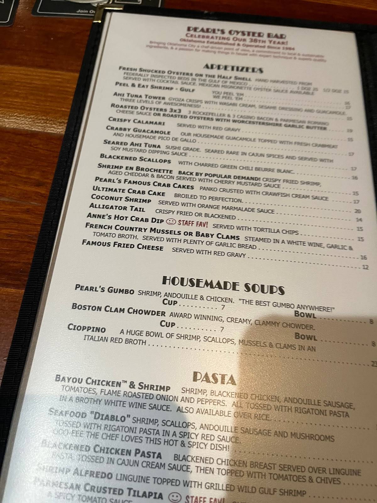 Menu at Pearl's Oyster Bar, Oklahoma City, N Classen Blvd