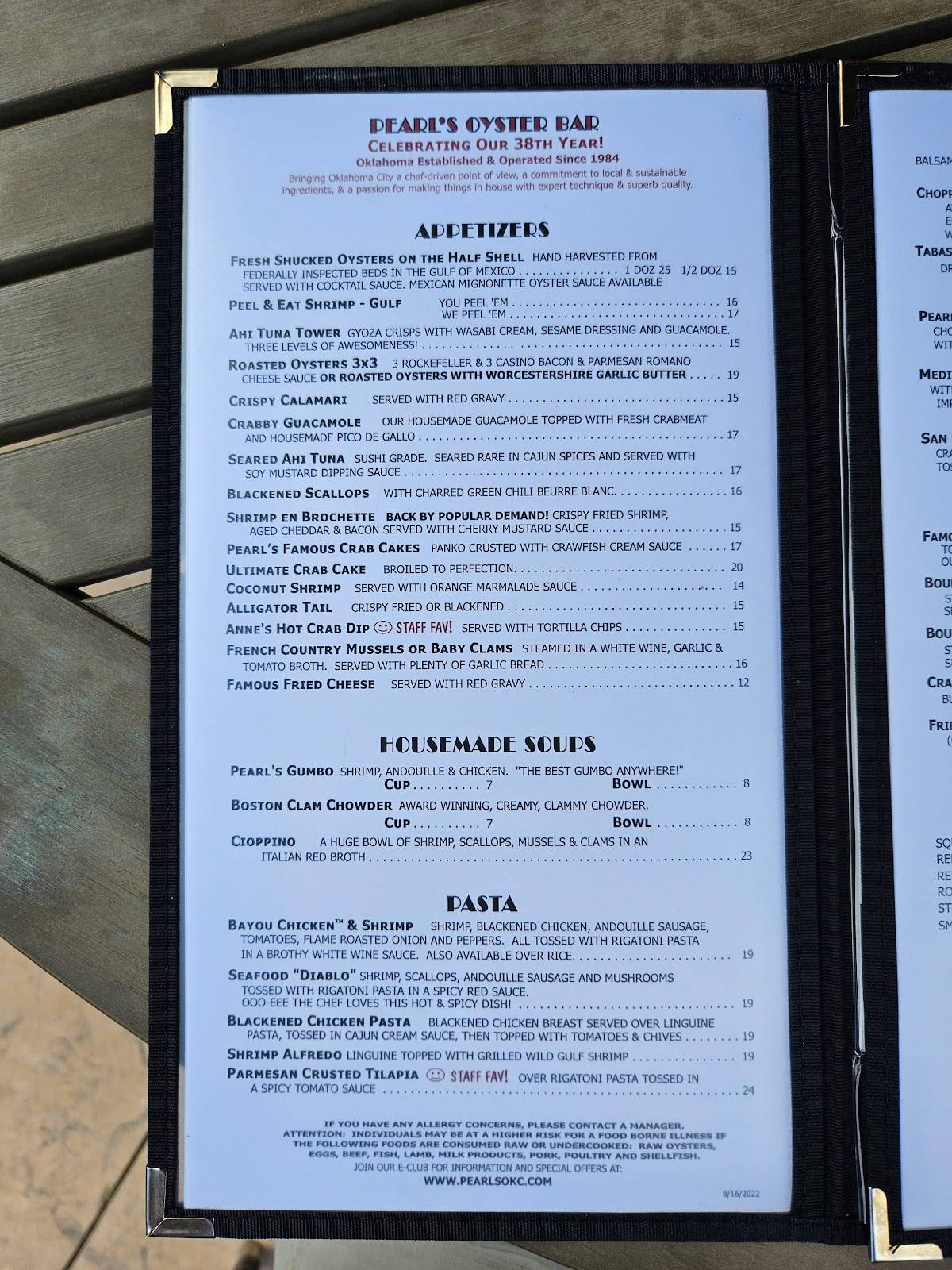 Menu at Pearl's Oyster Bar, Oklahoma City, N Classen Blvd