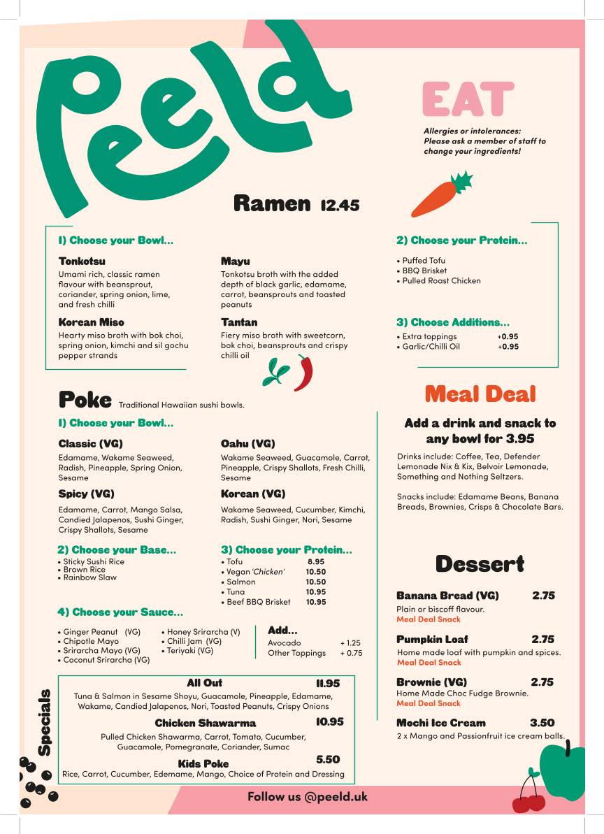 Menu at Peeld restaurant, London