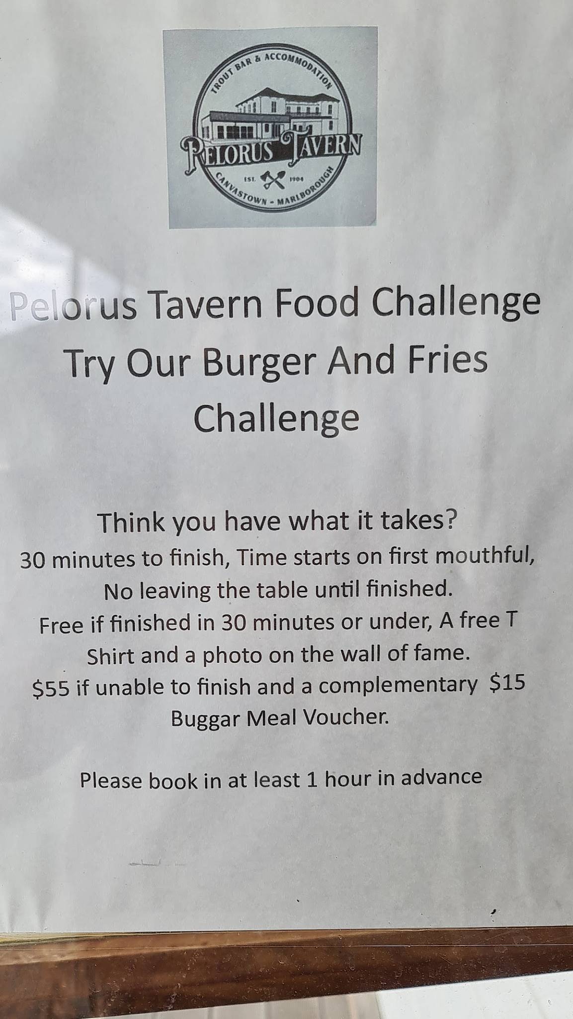 Menu at Pelorus Tavern (Trout Bar), Canvastown