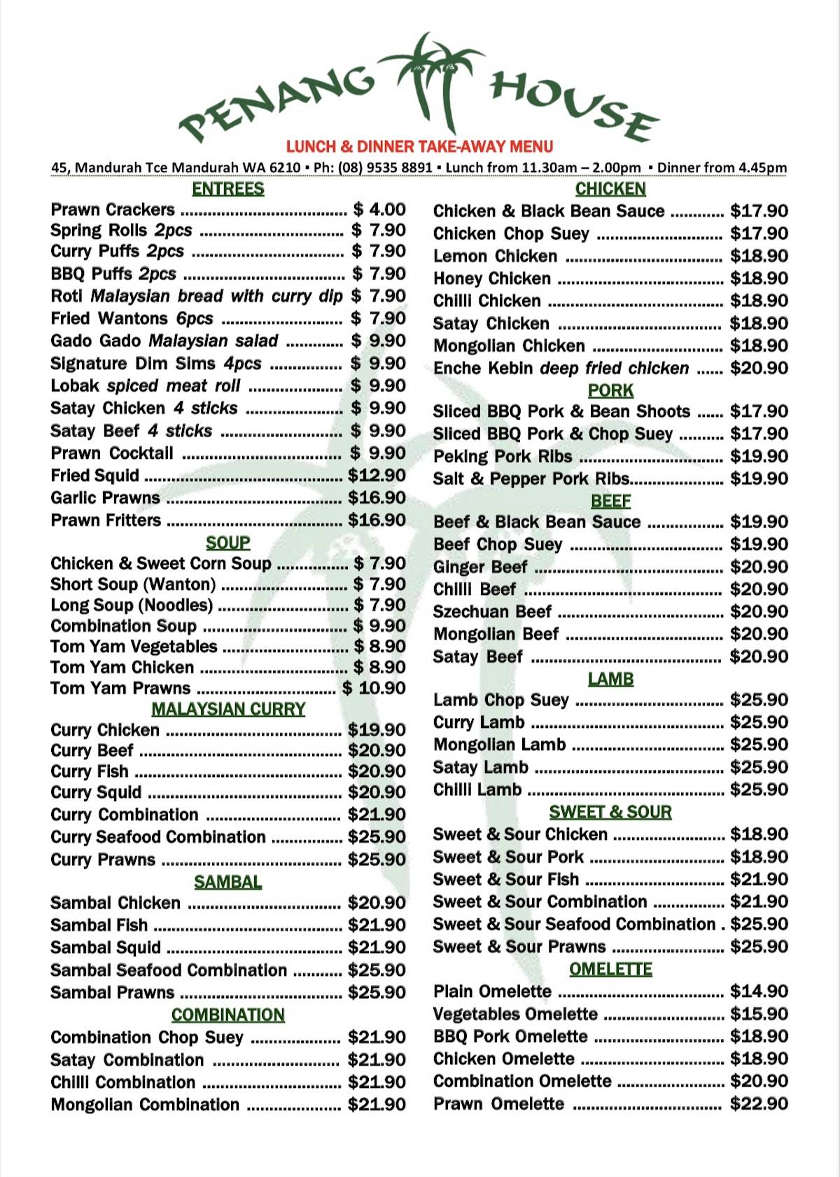 Menu at Penang House restaurant, Mandurah