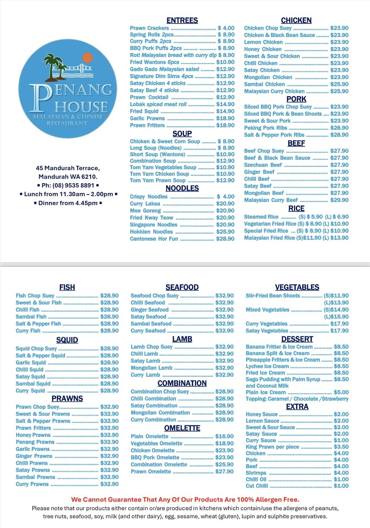 Menu at Penang House restaurant, Mandurah