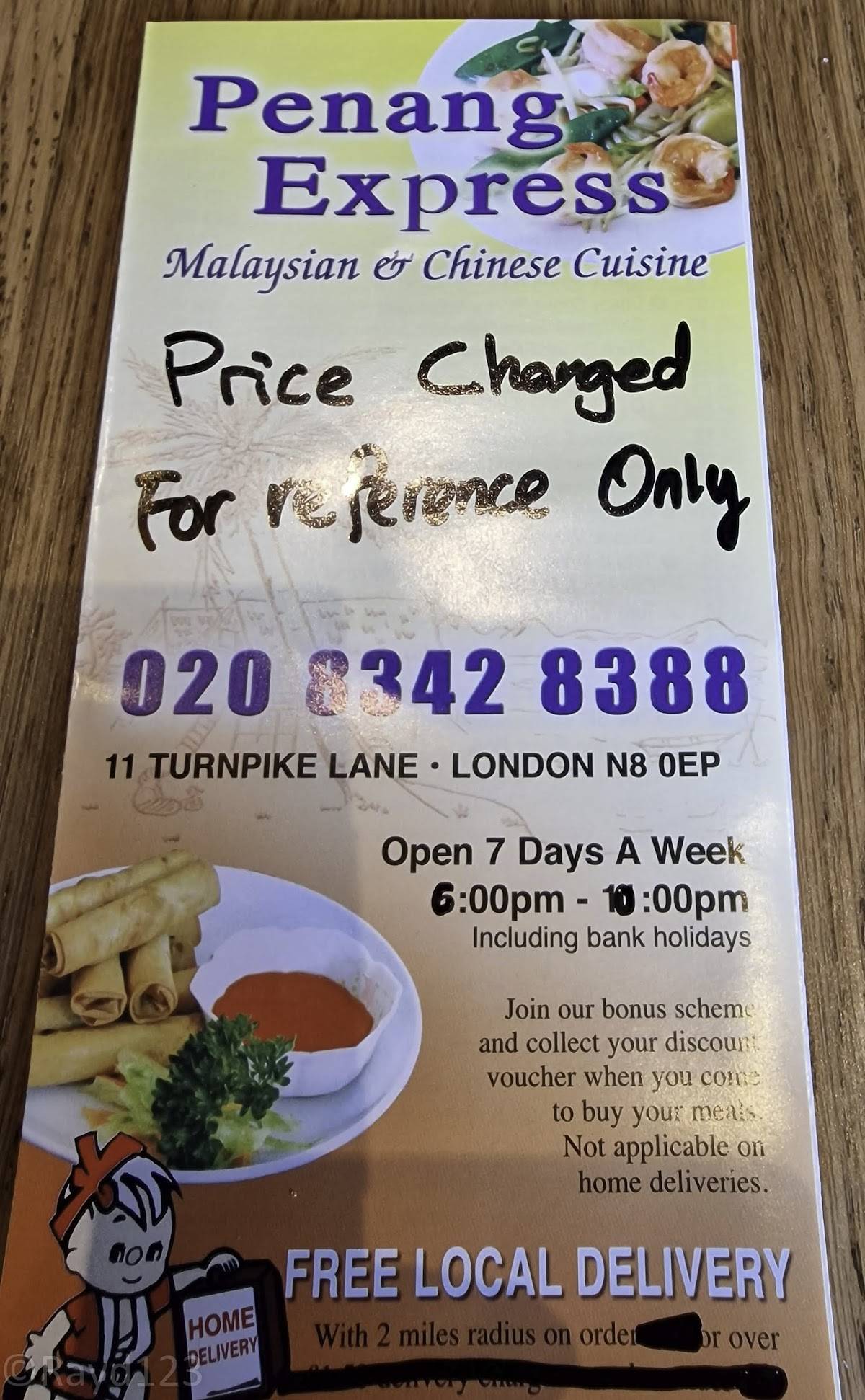 Menu at Penang Satay House restaurant, London