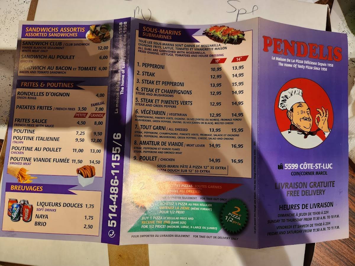 Menu at Pendeli's Pizza pizzeria, Montréal, Côte Saint Luc Rd