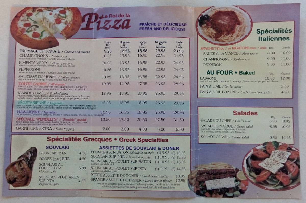 Menu at Pendeli's Pizza pizzeria, Montréal, Côte Saint Luc Rd