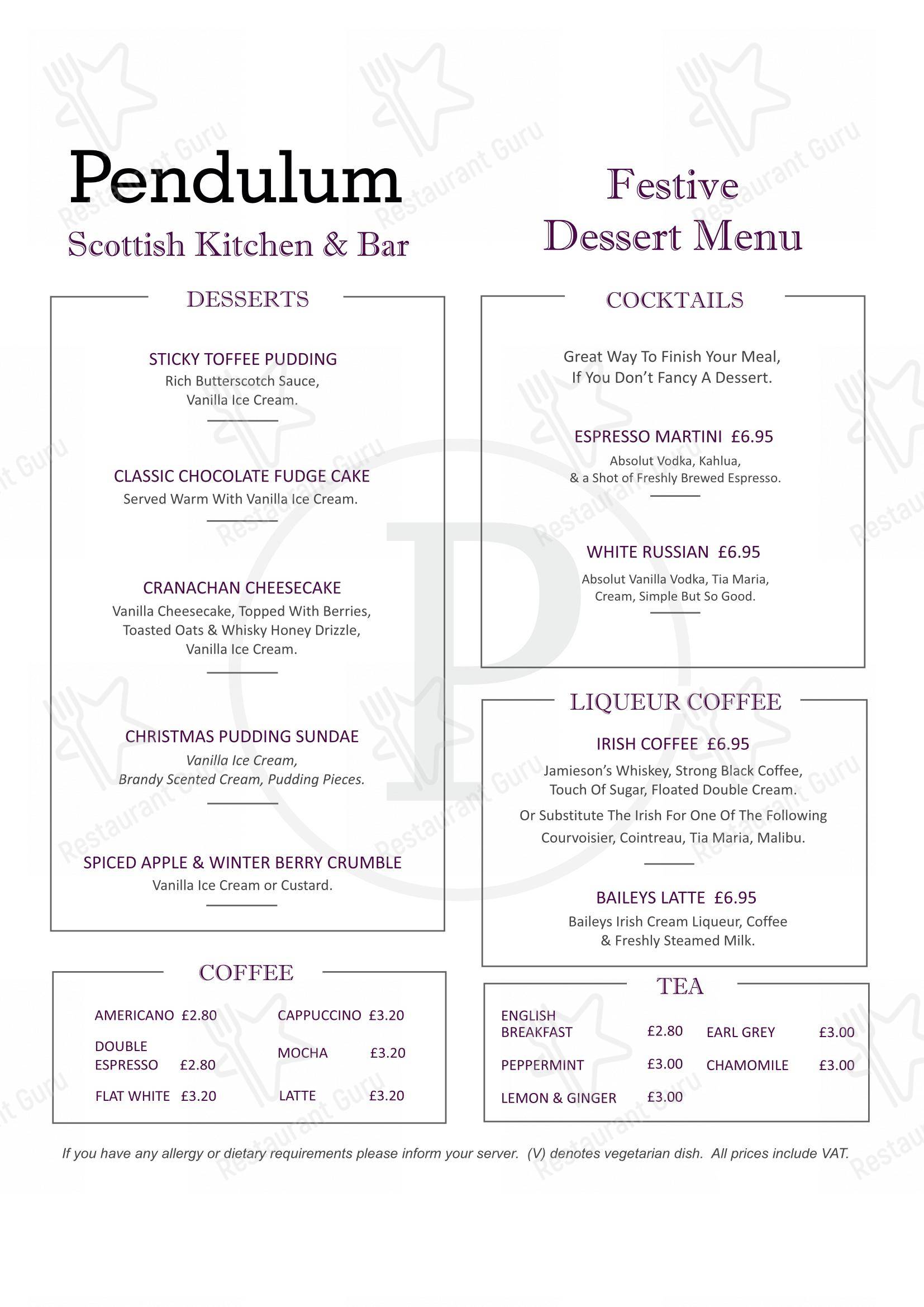 Menu at Pendulum Bar & Grill, Paisley