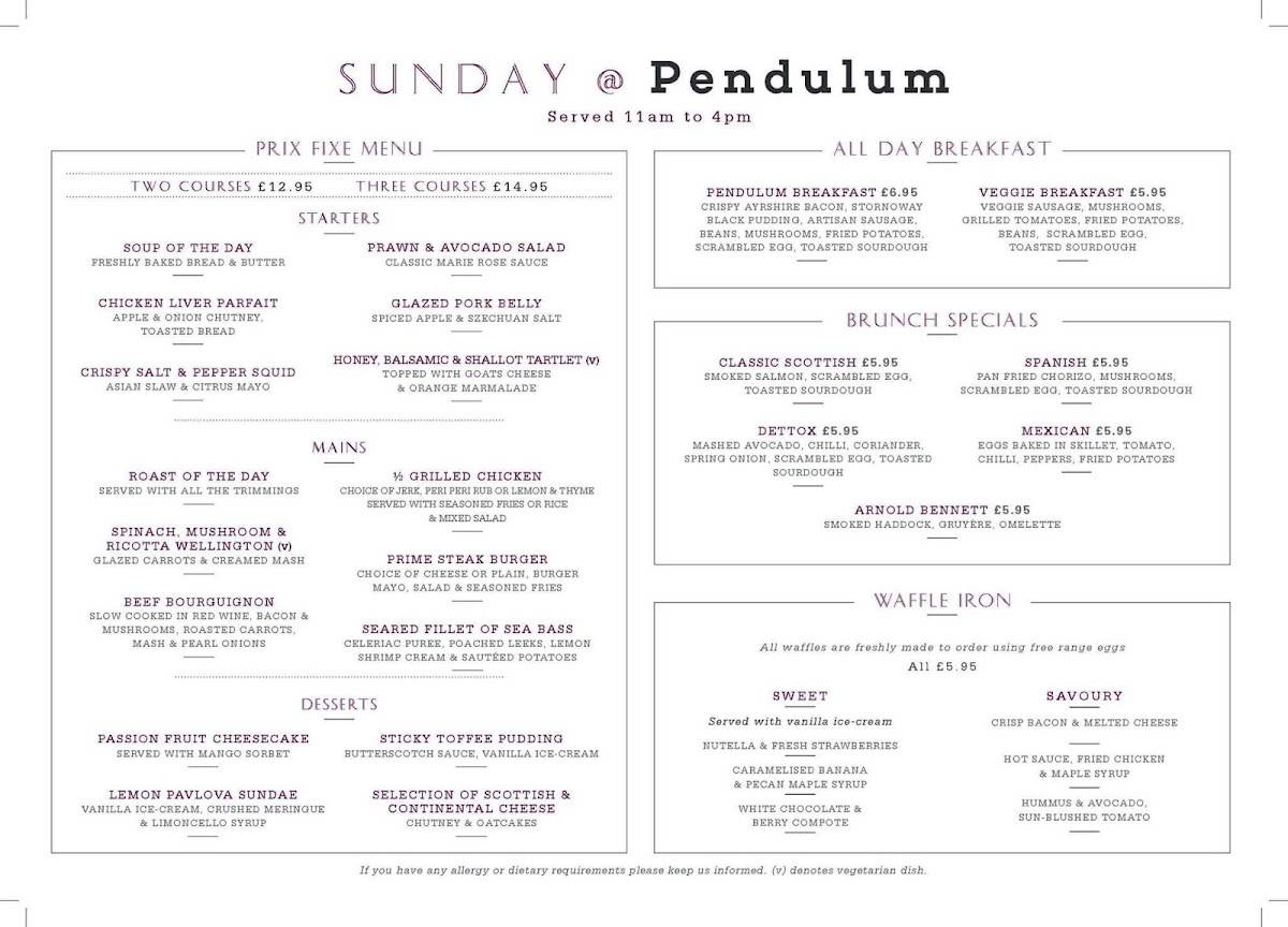 Menu at Pendulum Bar & Grill, Paisley