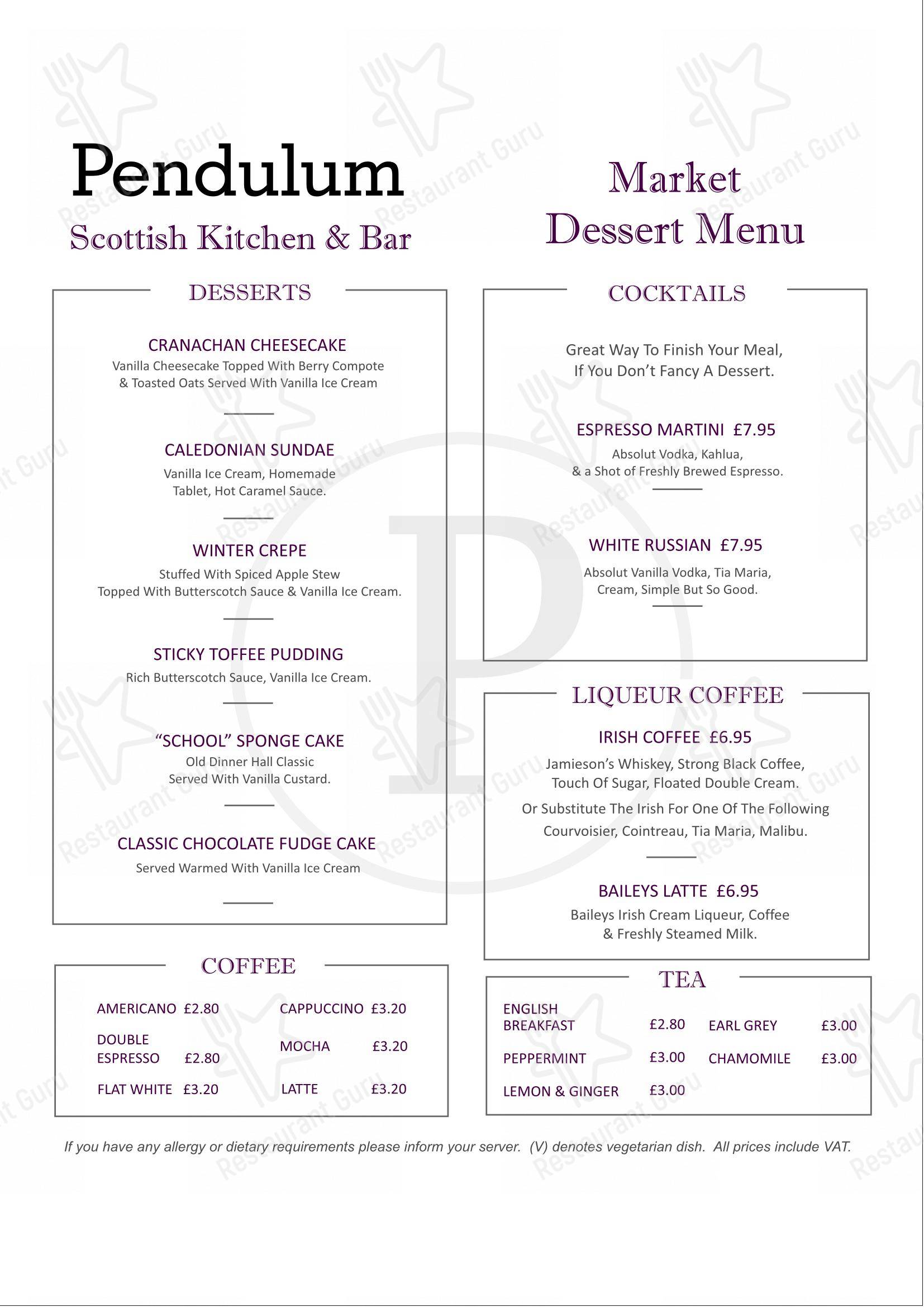 Menu at Pendulum Bar & Grill, Paisley
