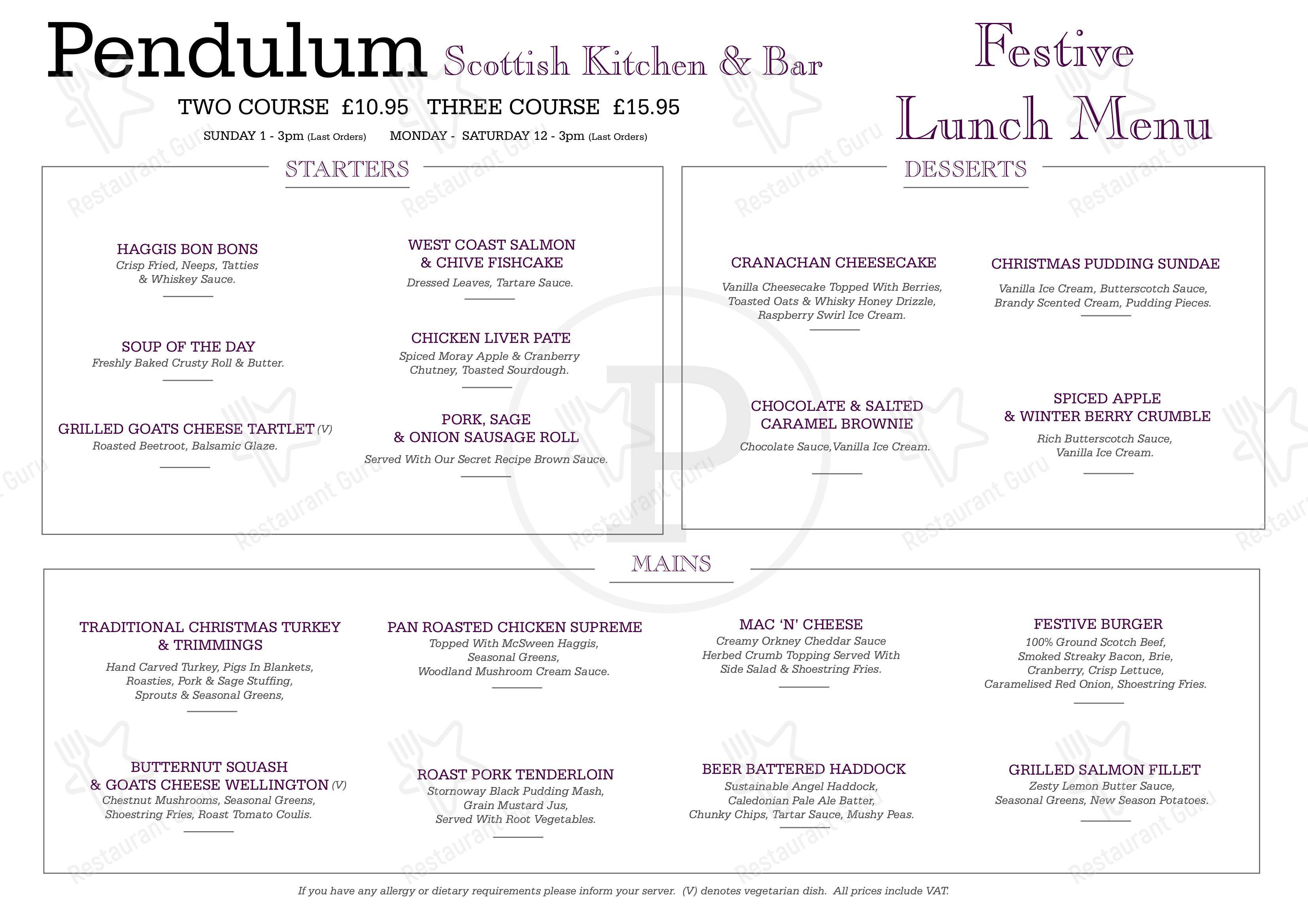 Menu at Pendulum Bar & Grill, Paisley
