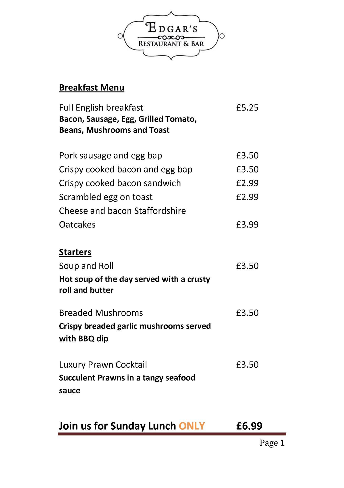 Menu at Edgar's Restaurant & Bar, Stafford