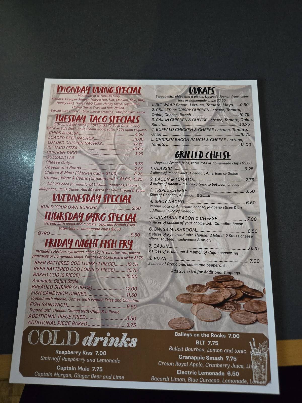 Menu at Penny Bar, Wind Lake