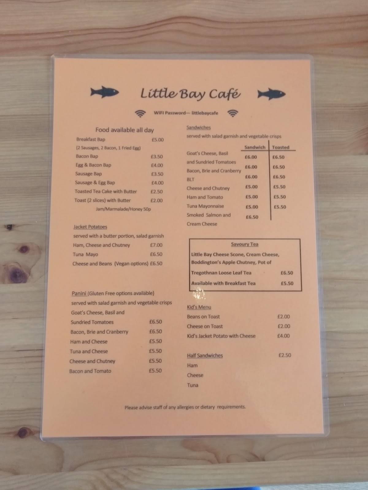 Carta de Little Bay Cafe, Pentewan