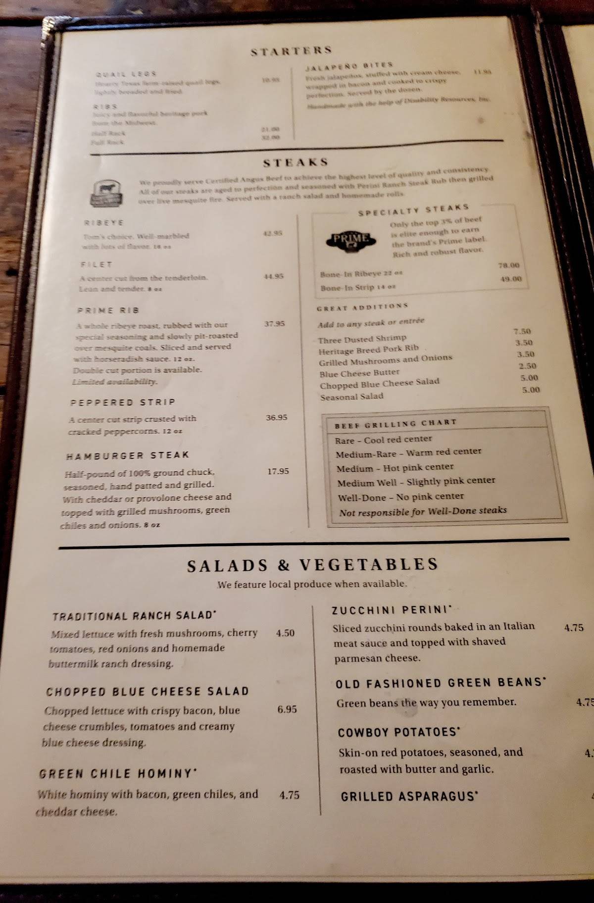 Menu at Perini Ranch Steakhouse, Buffalo Gap