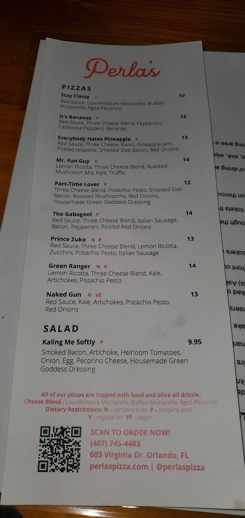 Menu at Perla's Pizza pizzeria, Orlando