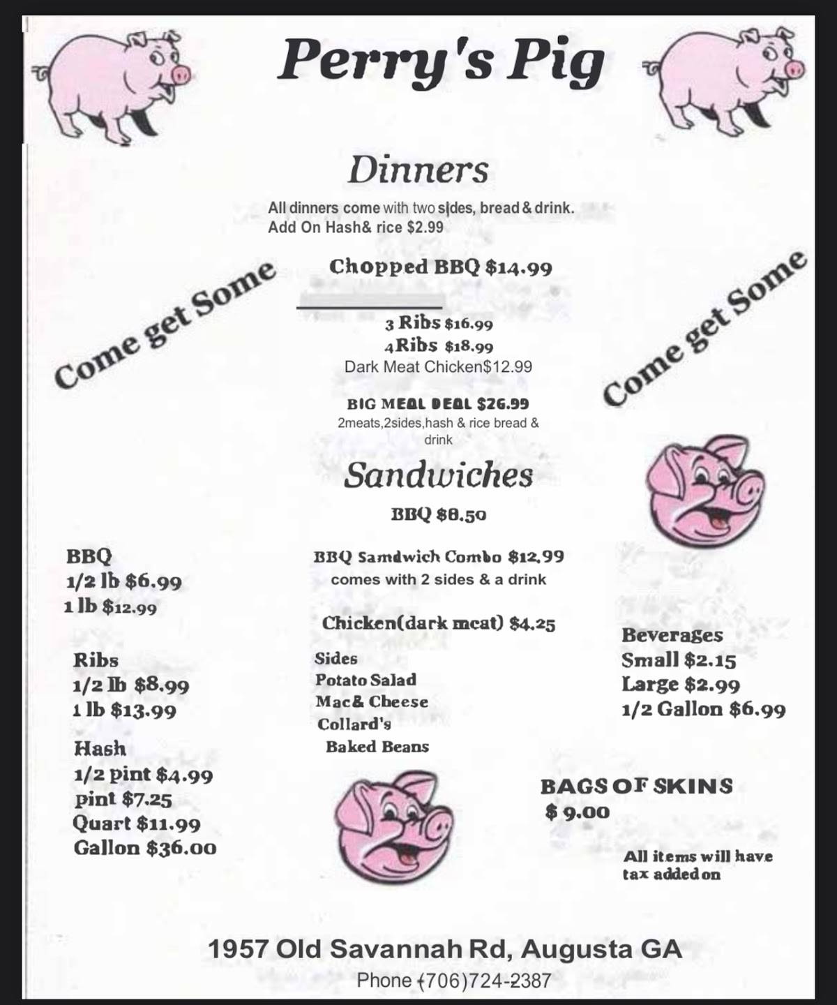 Menu at Perry's Pig BBQ, Augusta