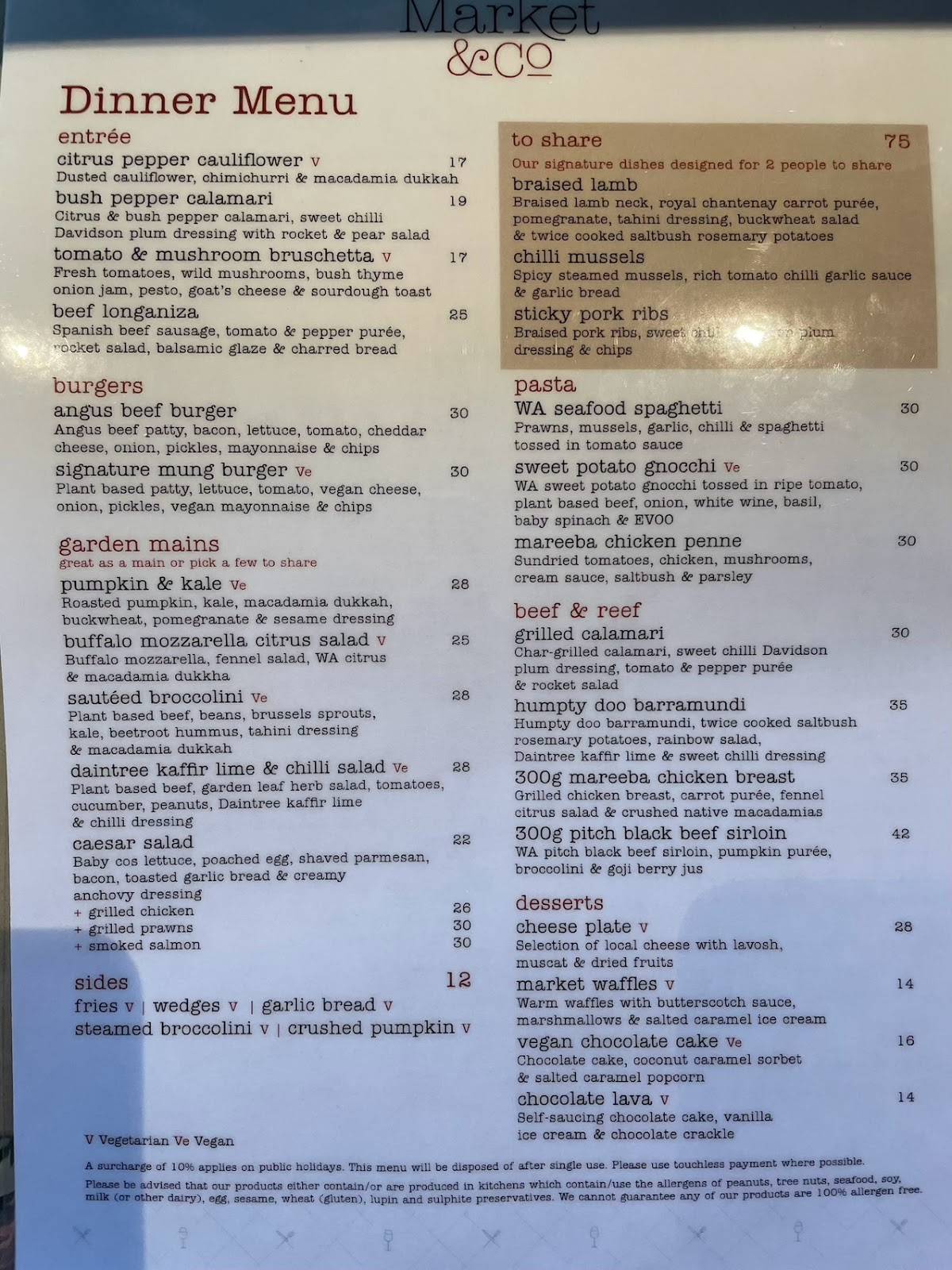Menu at Market & Co Restaurant, Burswood, Crown Perth