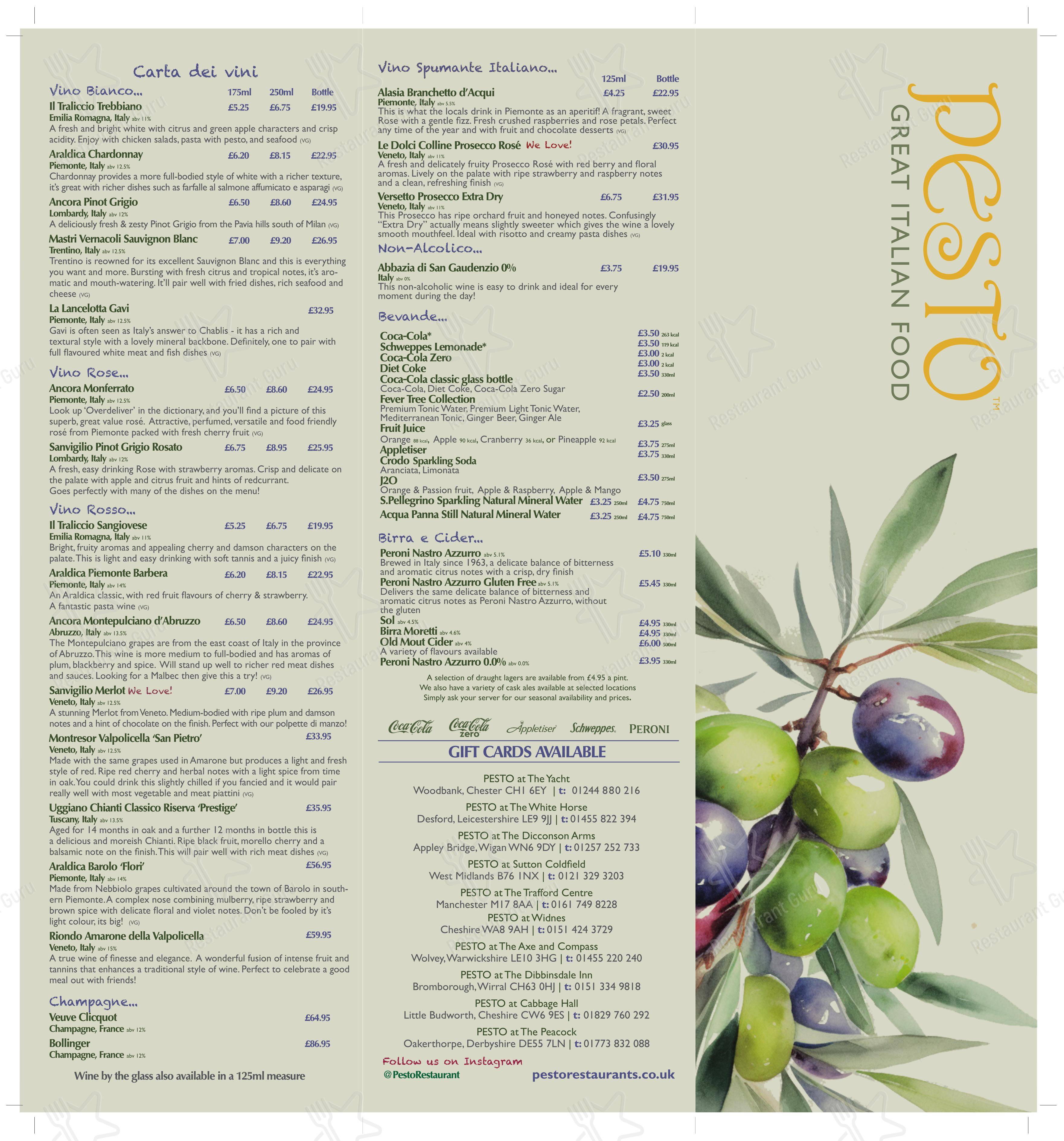Menu at Pesto at the Axe & Compass pizzeria, Hinckley