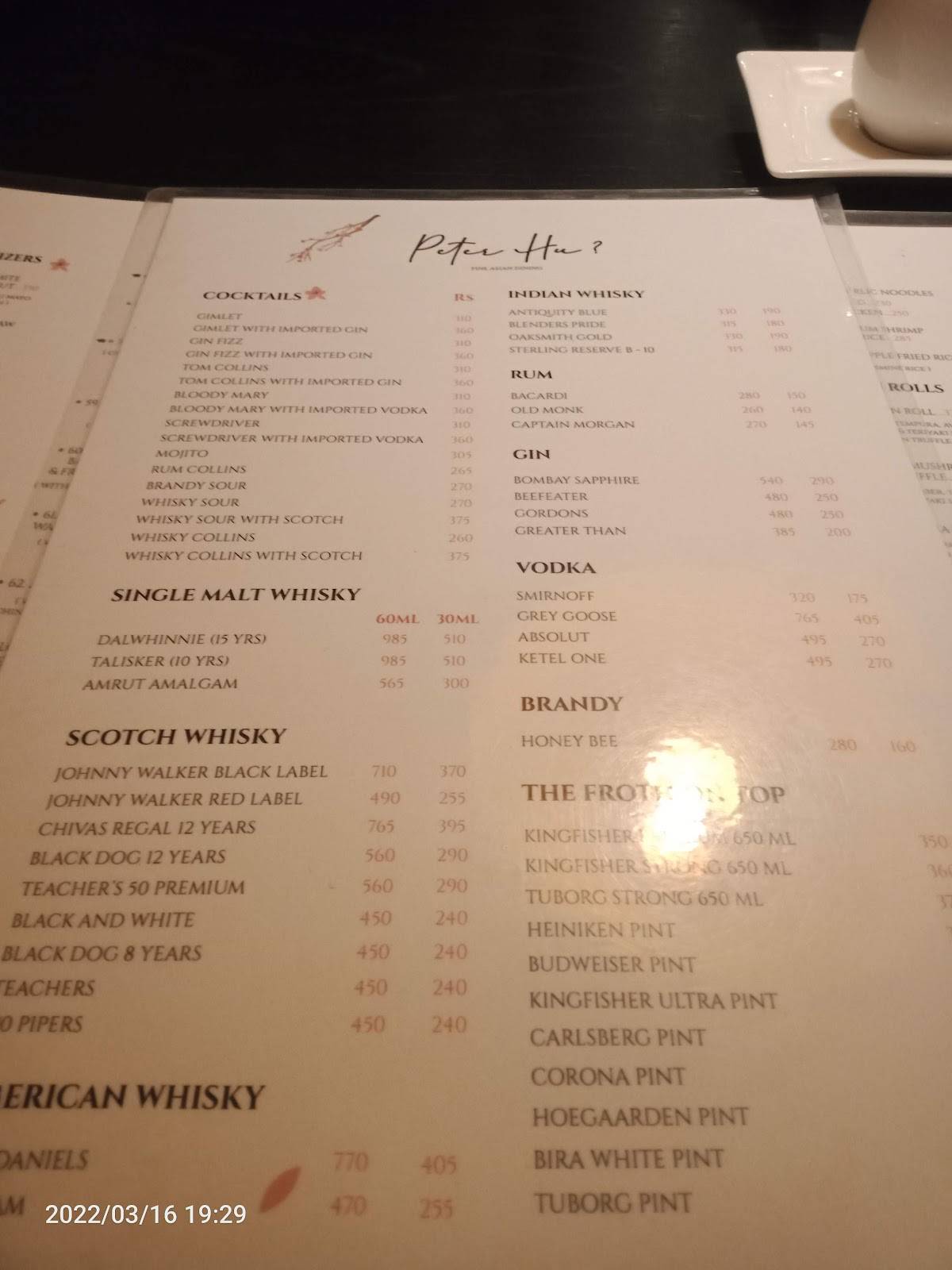 Menu at Peter Hu ?, Kolkata