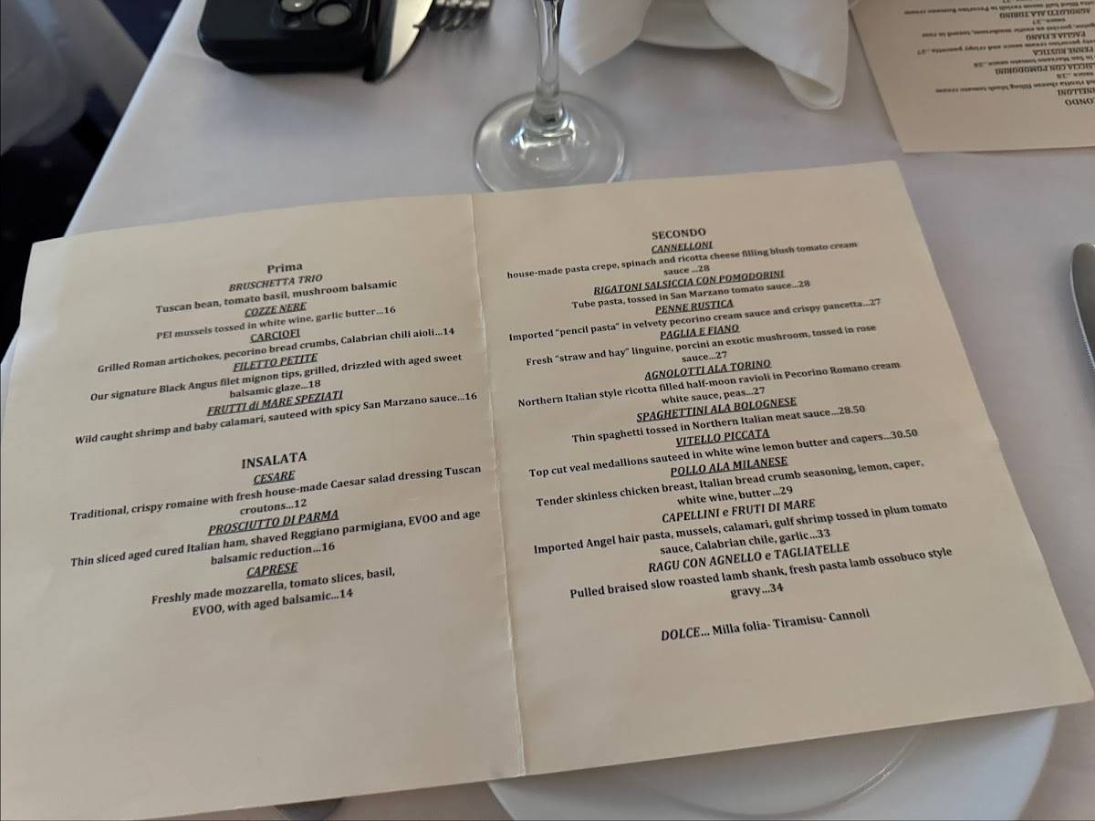 Menu at Porcini restaurant, Philadelphia