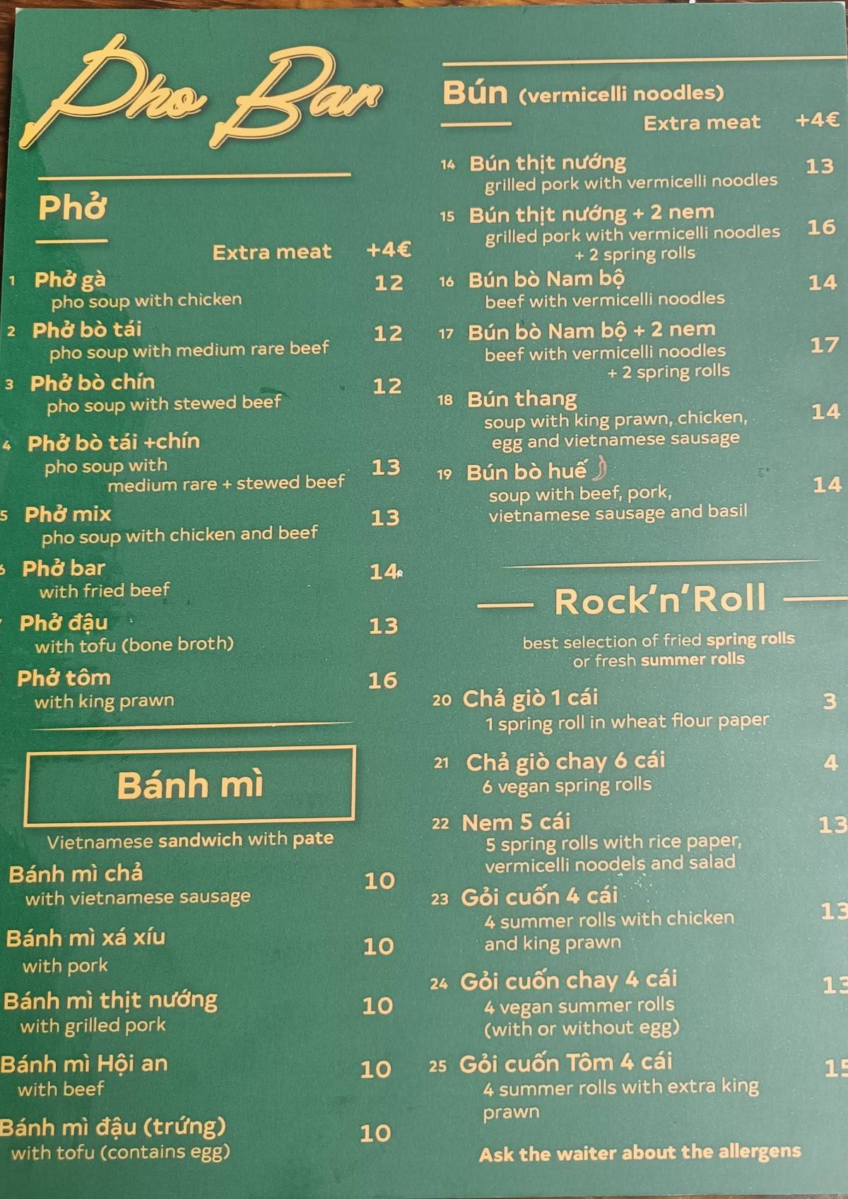 Menu au Pho Bar, Tallinn