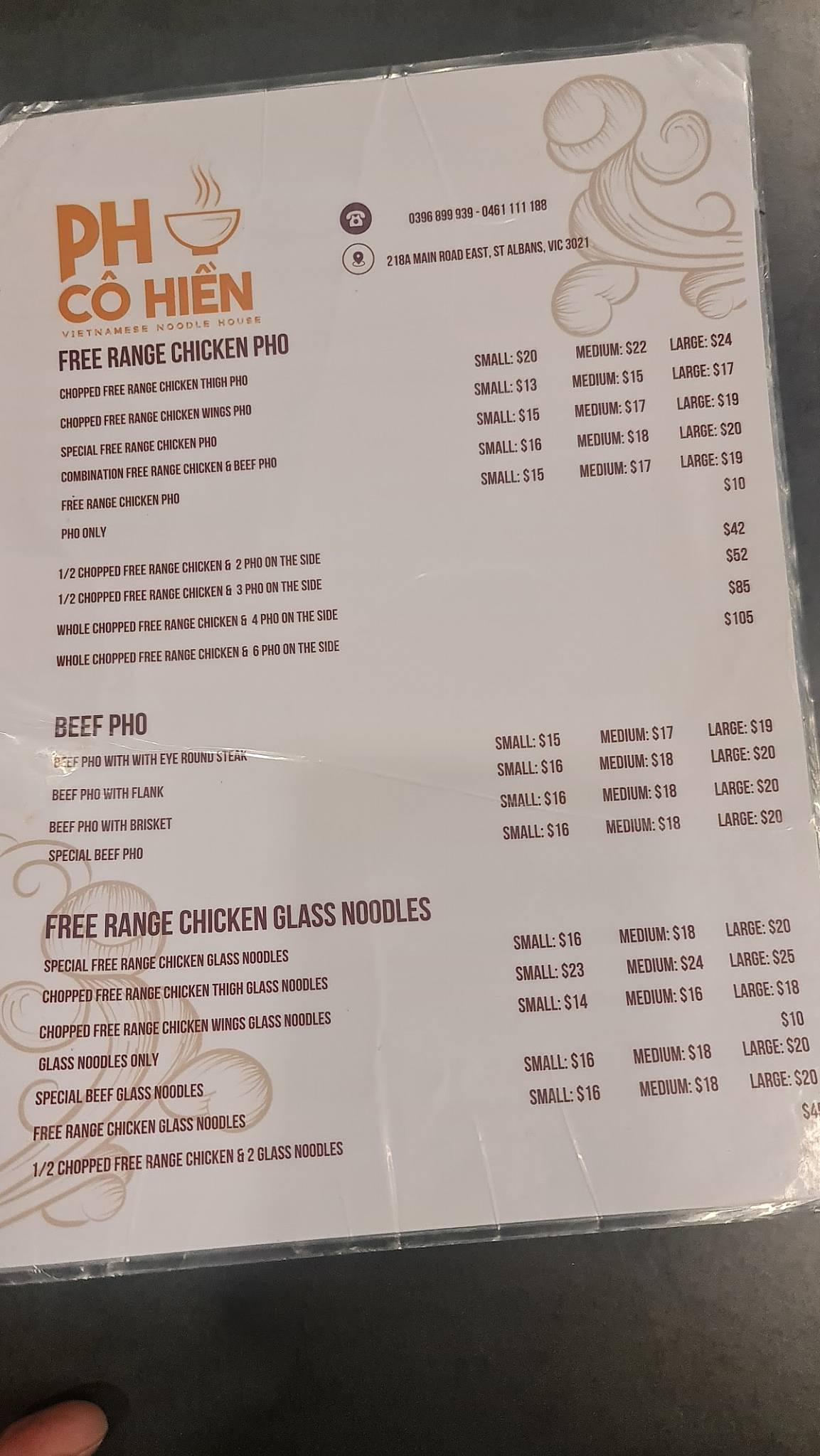 Menu at Phở Cô Hiền restaurant, Saint Albans