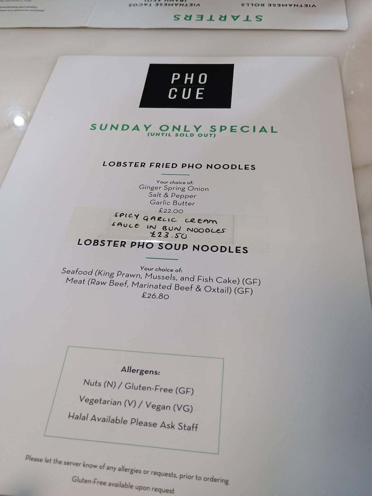 Menu at Pho Cue restaurant, Manchester