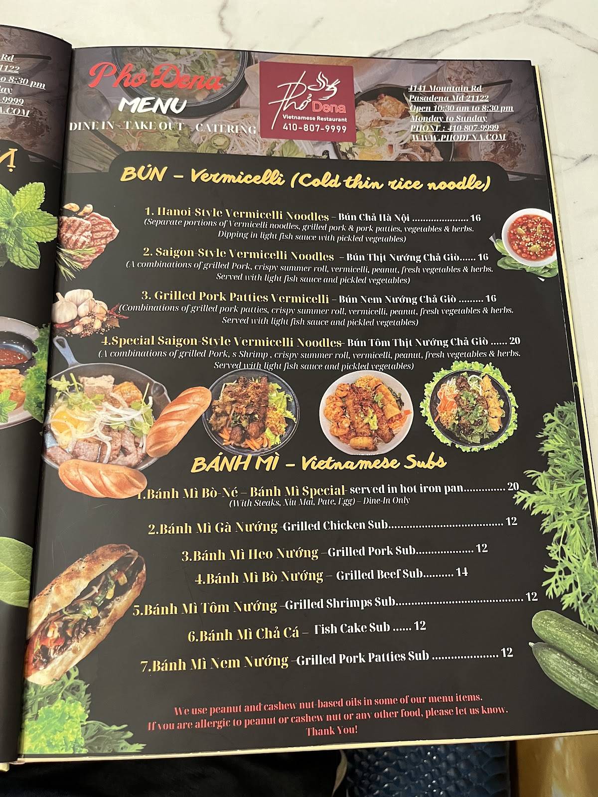 Menu at Pho Dena restaurant, Pasadena